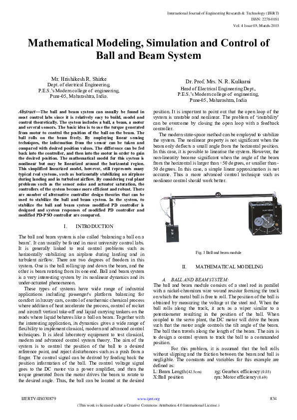 (PDF) Mathematical Modeling, Simulation and Control of Ball and Beam System