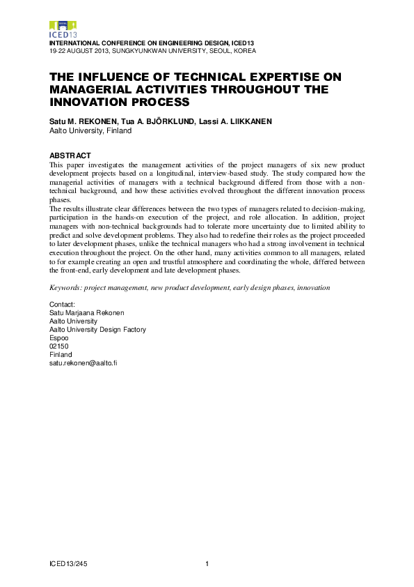 (PDF) THE INFLUENCE OF TECHNICAL EXPERTISE ON MANAGERIAL ACTIVITIES ...