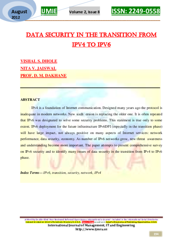 (PDF) Data Security in the Transition from IPv4 to IPv6 | Dr Dhananjay Dakhane - Academia.edu