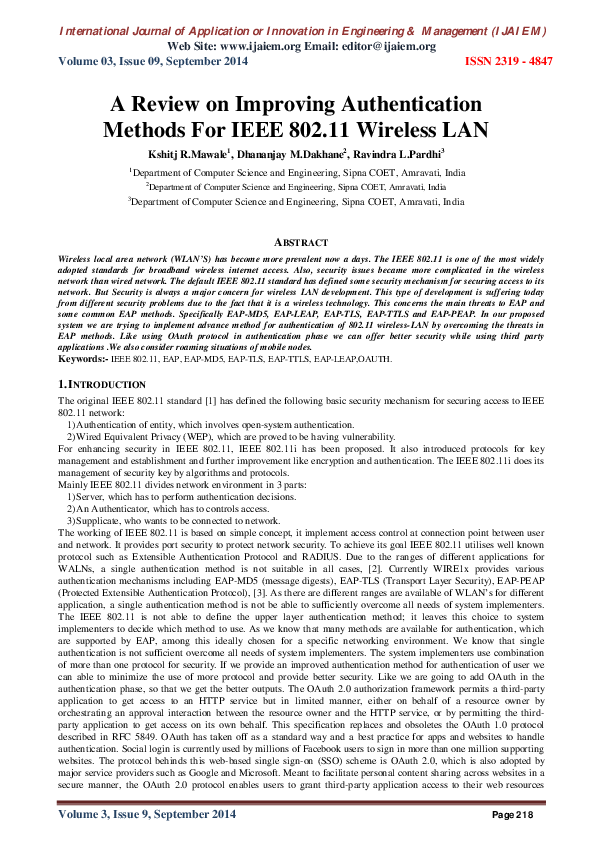 (PDF) A Review on Improving Authentication Methods For IEEE 802 . 11 Wireless LAN