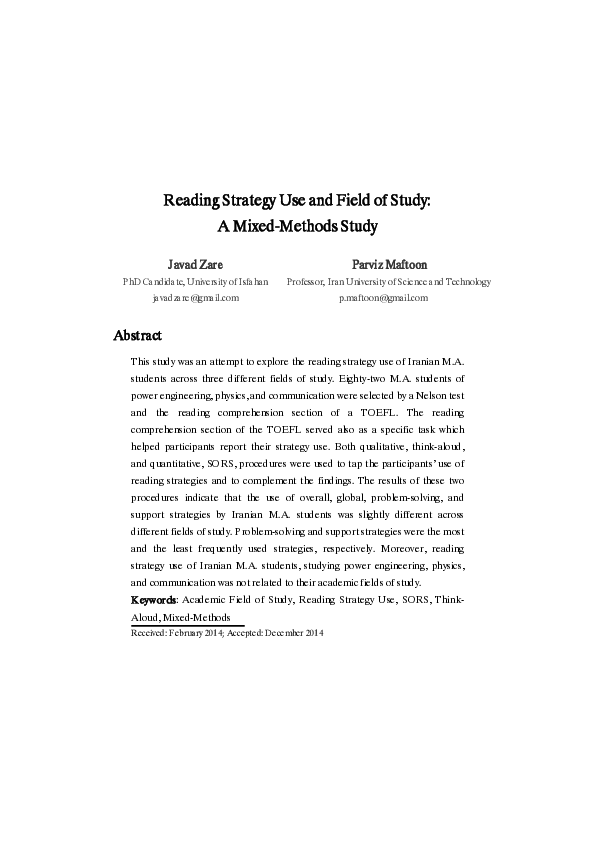 (PDF) Reading Strategy Use and Field of Study: A Mixed-methods Study