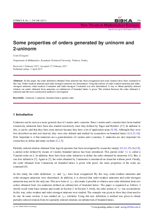 (PDF) Some properties of orders generated by uninorm and 2-uninorm