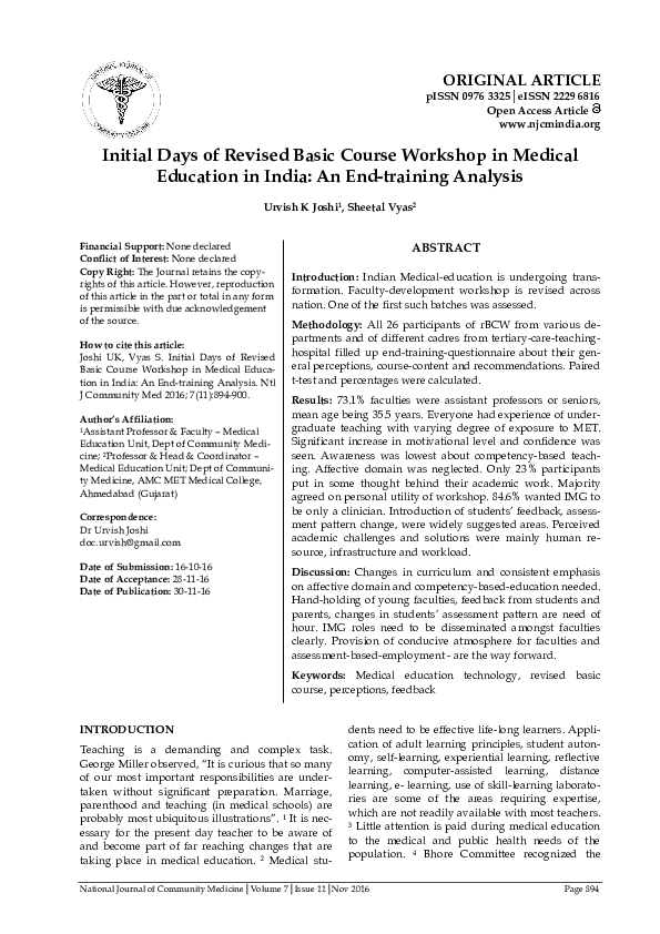 (PDF) Initial Days of Revised Basic Course Workshop in Medical ...