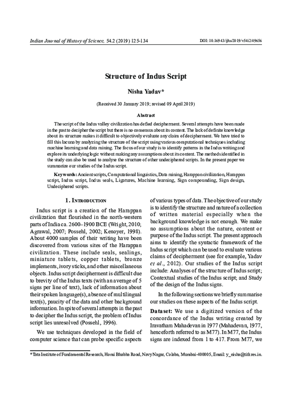 (PDF) Structure of Indus Script