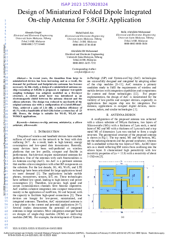 (PDF) Design of Miniaturized Folded Dipole Integrated On-chip Antenna ...