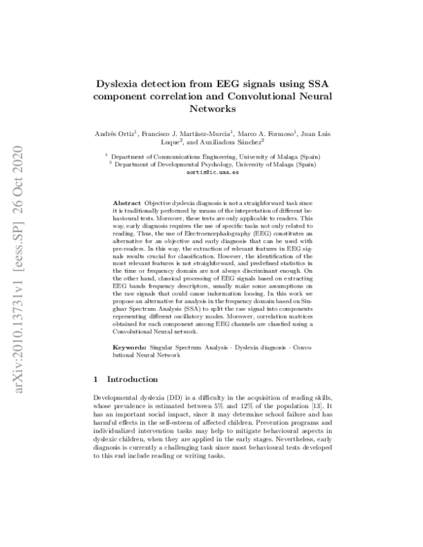 Pdf Dyslexia Detection From Eeg Signals Using Ssa Component Correlation And Convolutional 