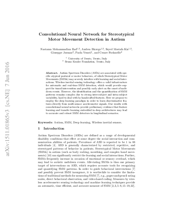 (PDF) Convolutional Neural Network for Stereotypical Motor Movement ...