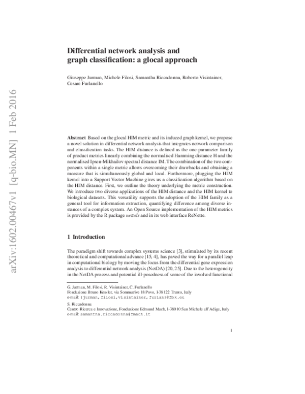(PDF) Differential Network Analysis and Graph Classification: A Glocal ...