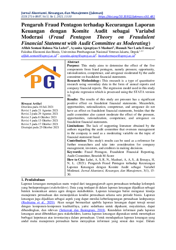 Pdf Pengaruh Fraud Pentagon Terhadap Kecurangan Laporan Keuangan