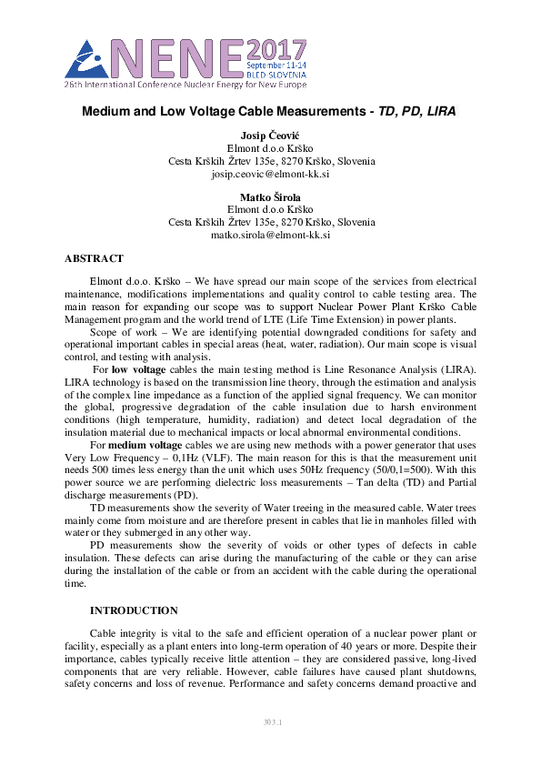 (PDF) Medium and Low Voltage Cable Measurements - TD, PD, LIRA