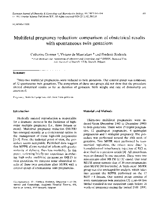 (PDF) Multifetal pregnancy reduction: comparison of obstetrical results ...