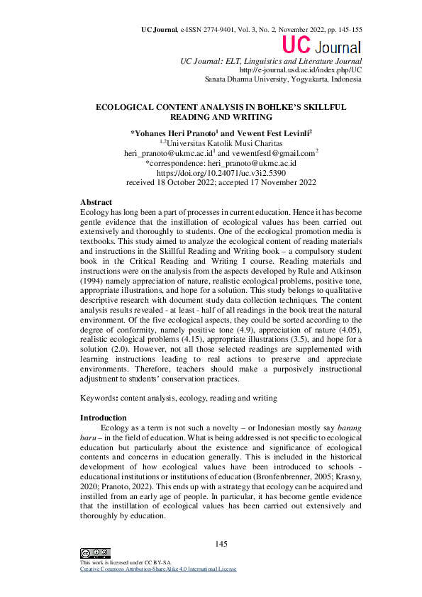 (PDF) Ecological Content Analysis in Bohlke’s Skillful Reading and Writing