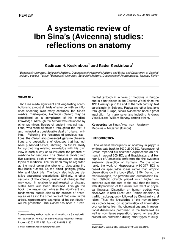 (PDF) A systematic review of Ibn Sina’s (Avicenna) studies: reflections on anatomy