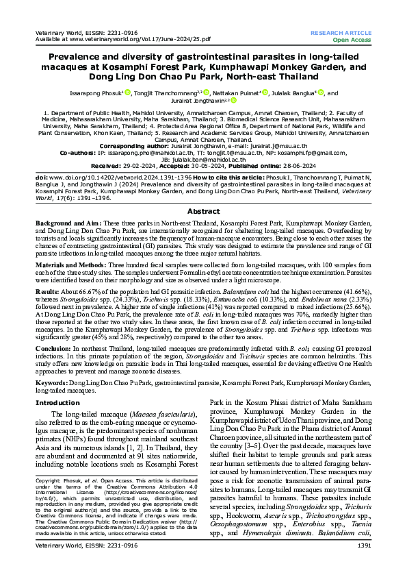 (PDF) Prevalence and diversity of gastrointestinal parasites in long ...