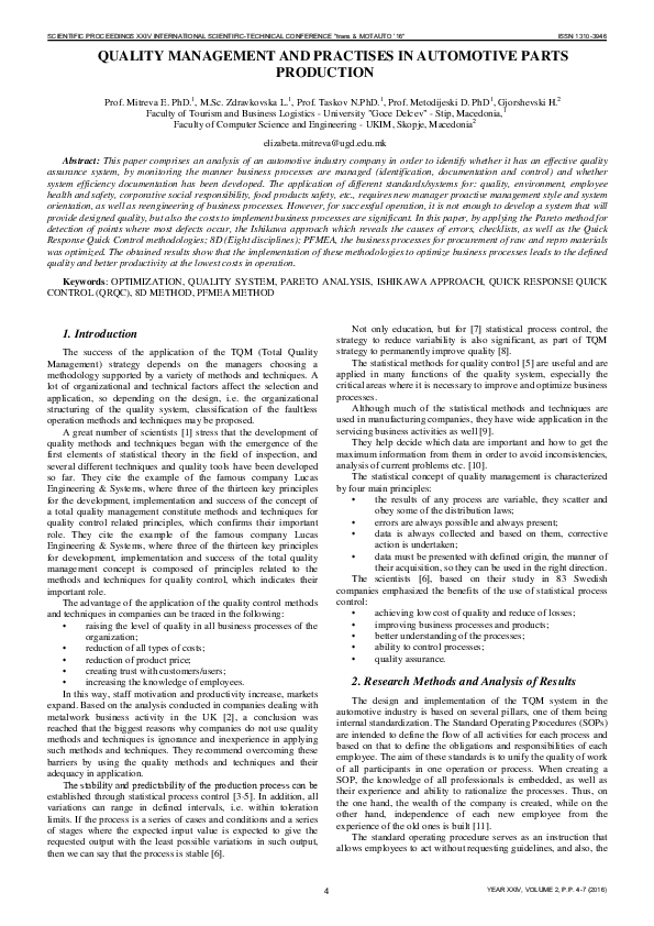(PDF) Quality management and practises in automotive parts production