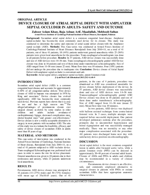 (PDF) Device closure of atrial septal defect with amplatzer septal ...