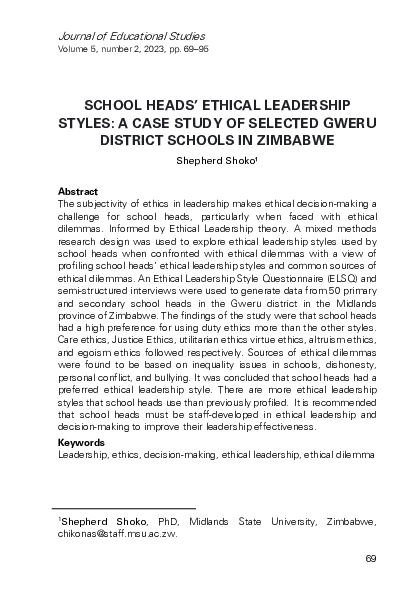 (PDF) SCHOOL HEADS' ETHICAL LEADERSHIP STYLES: A CASE STUDY OF SELECTED ...