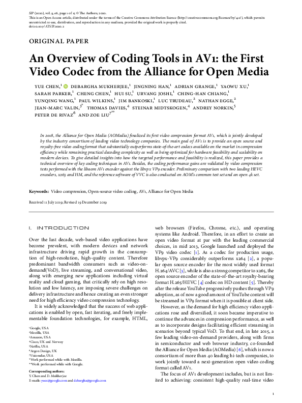 (PDF) An Overview of Coding Tools in AV1: the First Video Codec from the Alliance for Open Media