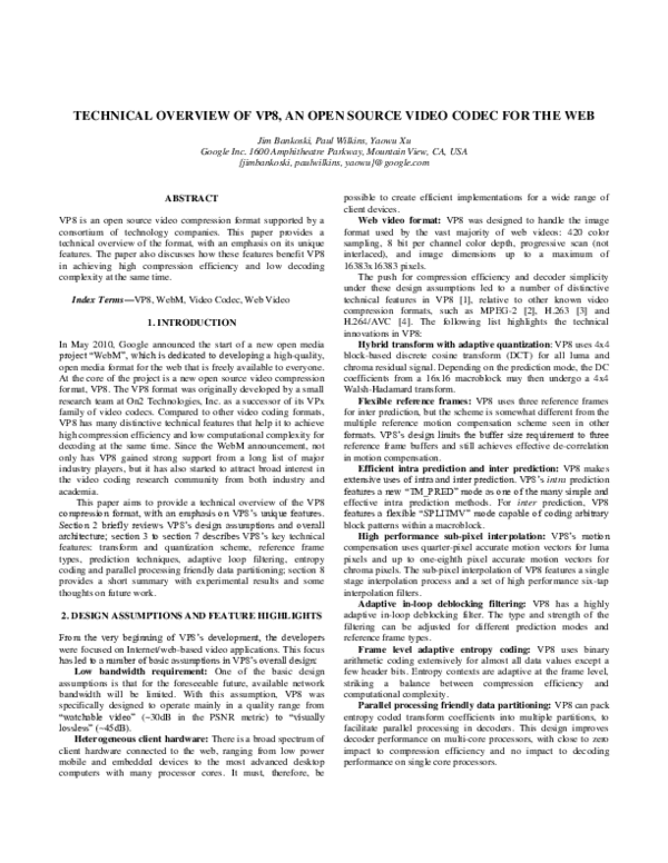 (PDF) Technical overview of VP8, an open source video codec for the web