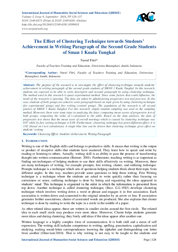 (PDF) The Effect of Clustering Technique towards Students’ Achievement in Writing Paragraph of ...