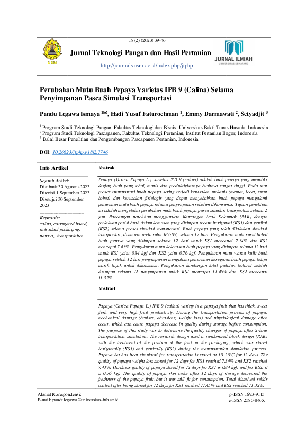 (PDF) Perubahan Mutu Buah Pepaya Varietas IPB 9 (Calina) Selama ...