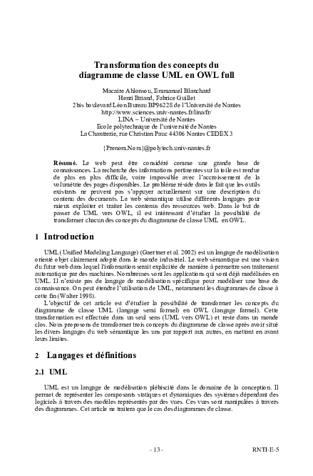 (PDF) Transformation des concepts du diagramme de classe UML en OWL full