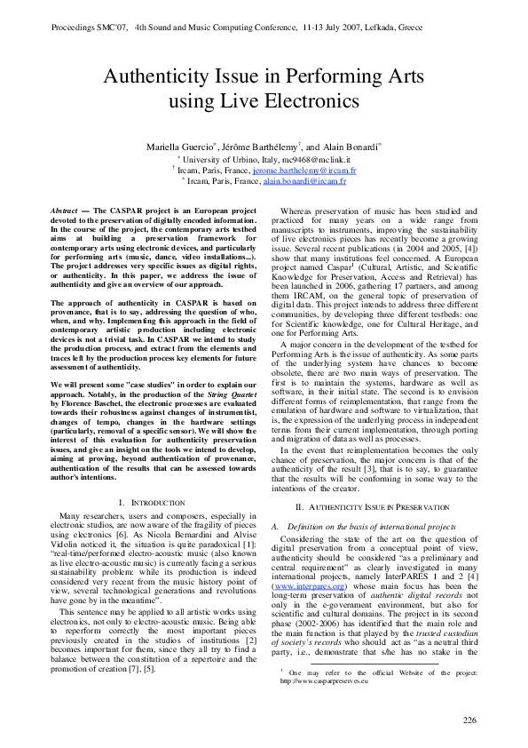 (PDF) Authenticity Issue In Performing Arts Using Live Electronics