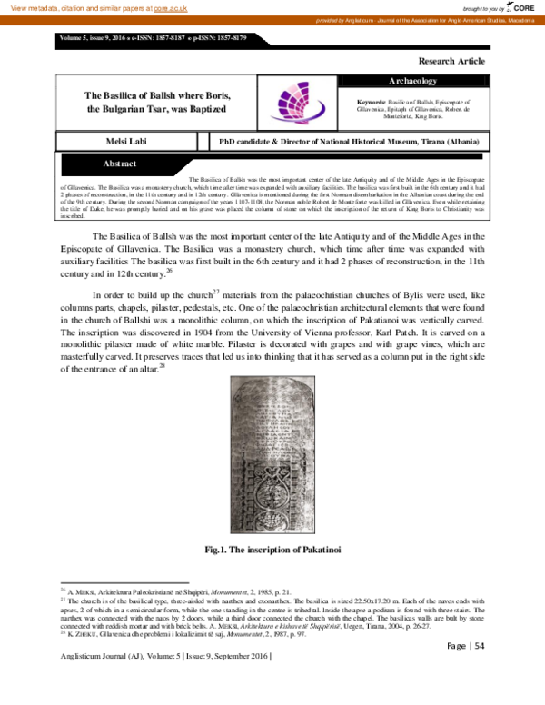 (PDF) The Basilica of Ballsh where Boris, the Bulgarian Tsar was Baptized