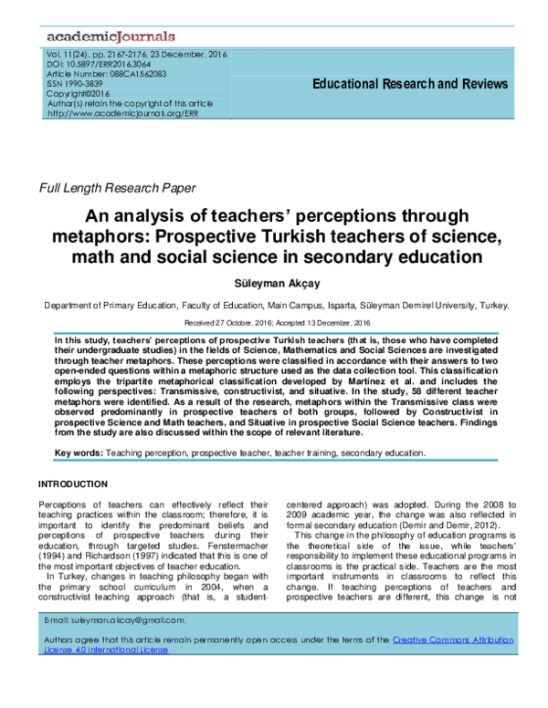 (PDF) An analysis of teachers perceptions through metaphors ...