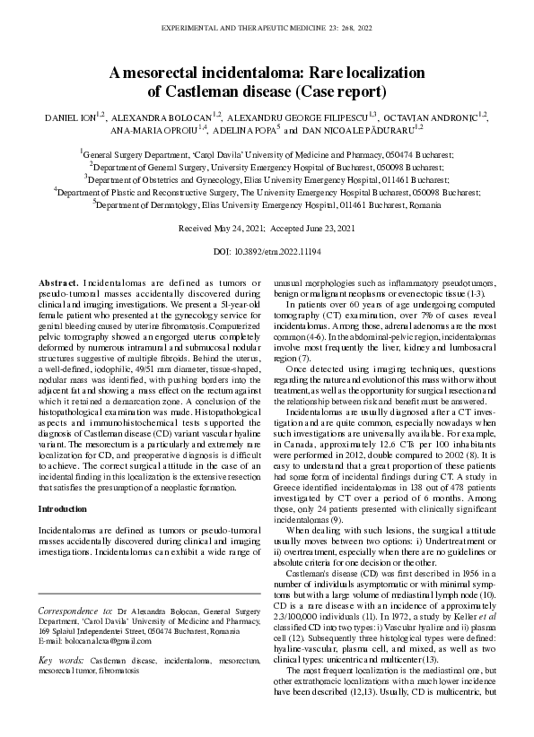(PDF) A mesorectal incidentaloma: Rare localization of Castleman ...