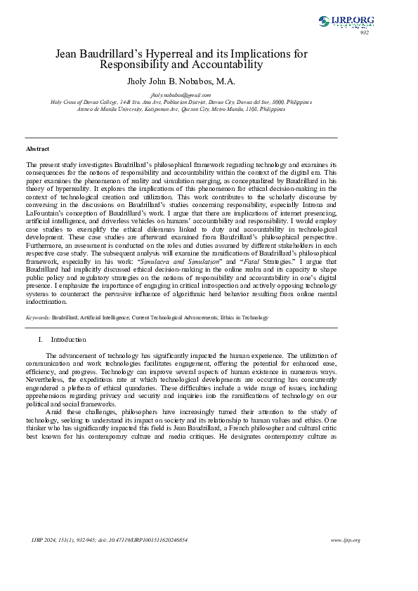 (PDF) Jean Baudrillard's Hyperreal and its Implications for ...