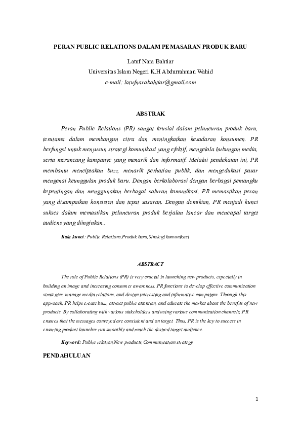 (PDF) PERAN PUBLIC RELATIONS DALAM PEMASARAN PRODUK BARU
