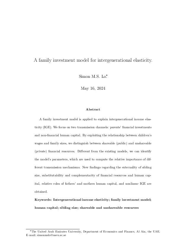 (PDF) A family investment model for intergenerational elasticity