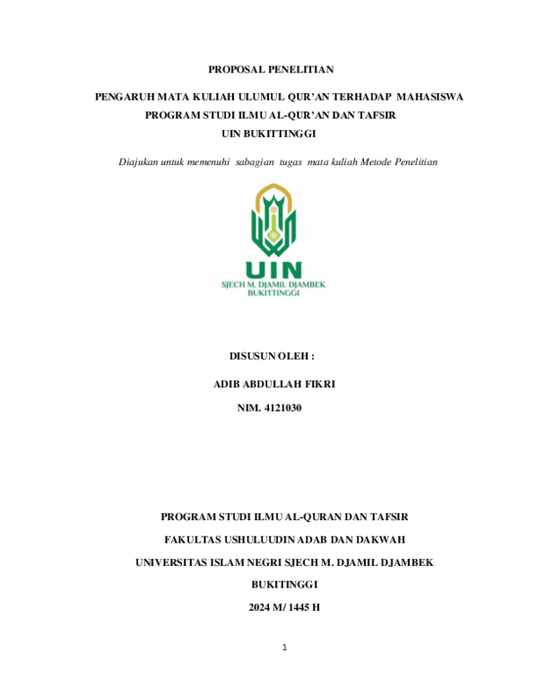 (PDF) PROPOSAL PENELITIAN PENGARUH MATA KULIAH ULUMUL QUR'AN TERHADAP MAHASISWA PROGRAM STUDI ...