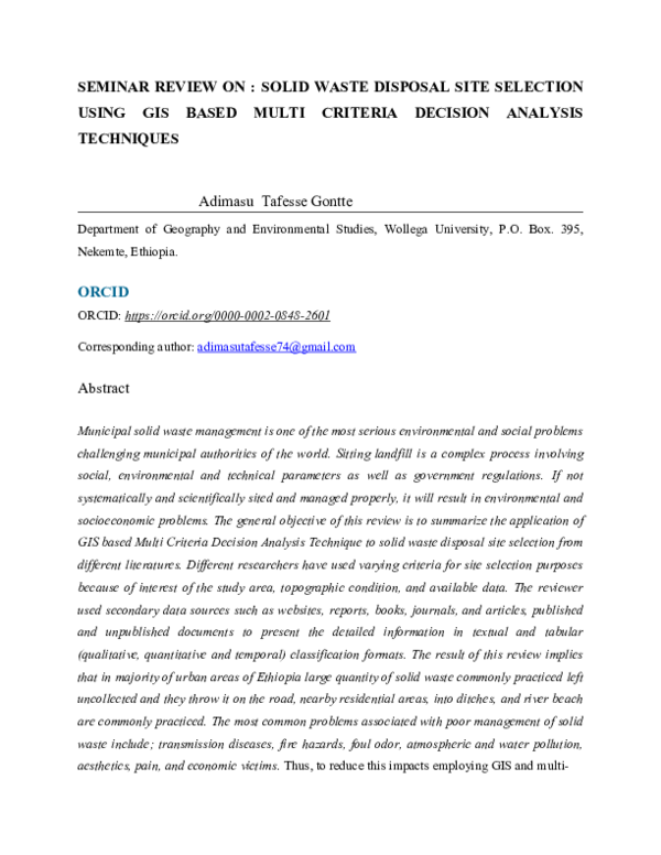 (PDF) SEMINAR REVIEW ON : SOLID WASTE DISPOSAL SITE SELECTION USING GIS ...