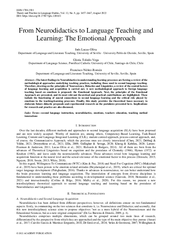 (PDF) From Neurodidactics to Language Teaching and Learning: The Emotional Approach