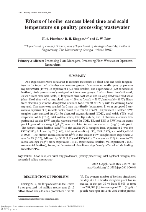 (PDF) Effects of broiler carcass bleed time and scald temperature on ...