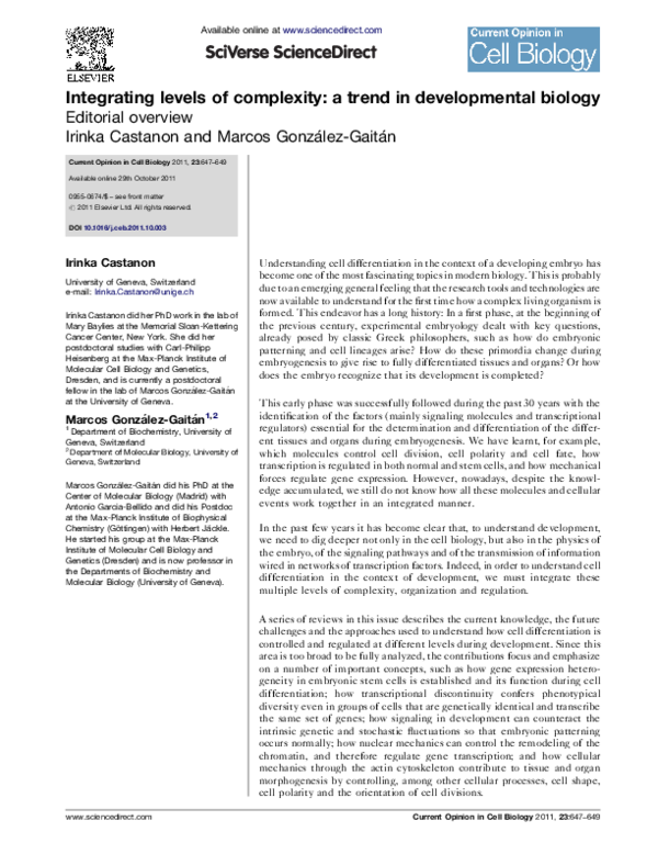 (PDF) Integrating levels of complexity: a trend in developmental biology