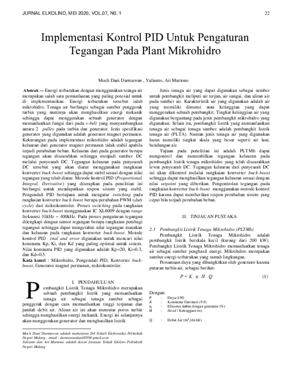(PDF) Implementasi Kontrol PID Untuk Pengaturan Tegangan Pada Plant Mikrohidro