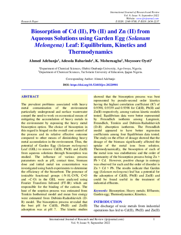(PDF) Biosorption of Cd (II), Pb (II) and Zn (II) from Aqueous Solutions using Garden Egg ...
