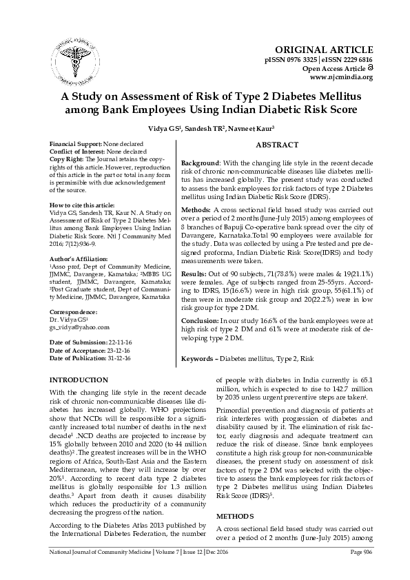 (PDF) A Study on Assessment of Risk of Type 2 Diabetes Mellitus among ...