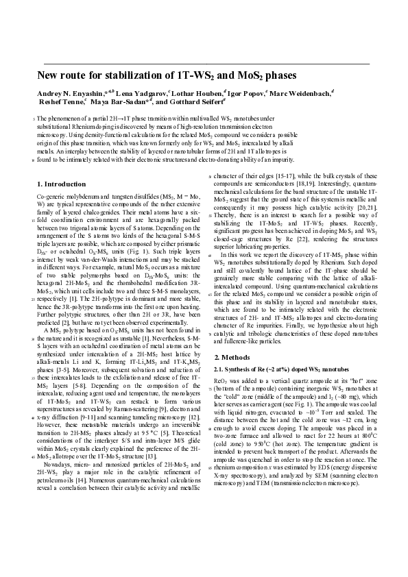 (PDF) New Route for Stabilization of 1T-WS2 and MoS2 Phases