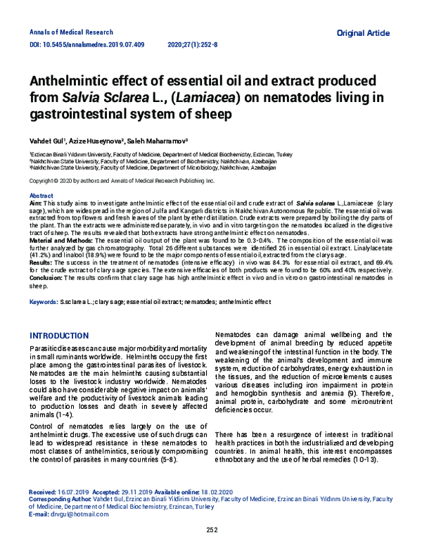 (PDF) Anthelmintic effect of essential oil and extract produced from ...