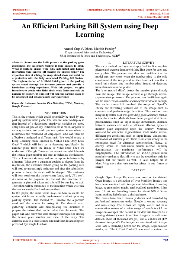 (PDF) An Efficient Parking Bill System using Deep Learning