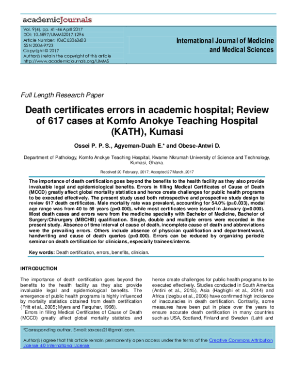 (PDF) Death certificates errors in academic hospital; Review of 617 ...