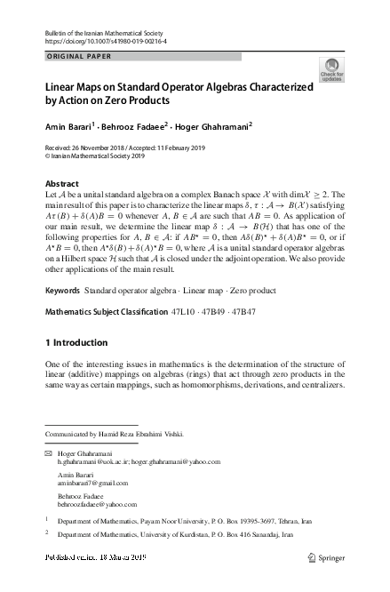 (PDF) Linear Maps on Standard Operator Algebras Characterized by Action on Zero Products