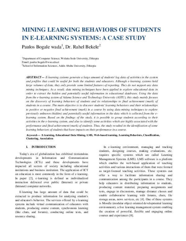 (PDF) MINING LEARNING BEHAVIORS OF STUDENTS IN E-LEARNING SYSTEMS: A CASE STUDY