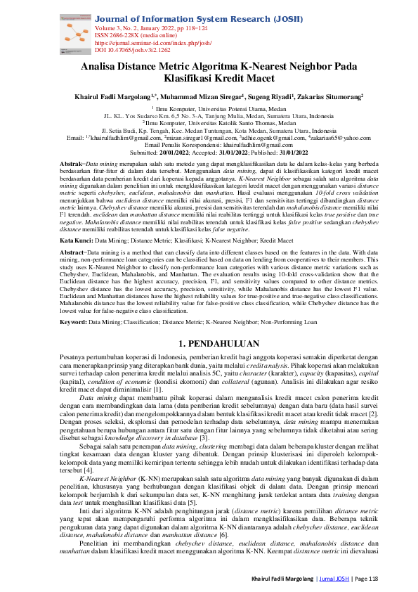 (PDF) Analisa Distance Metric Algoritma K-Nearest Neighbor Pada ...