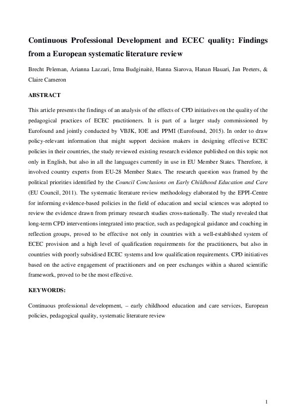 (PDF) Continuous professional development and ECEC quality: Findings from a European systematic ...