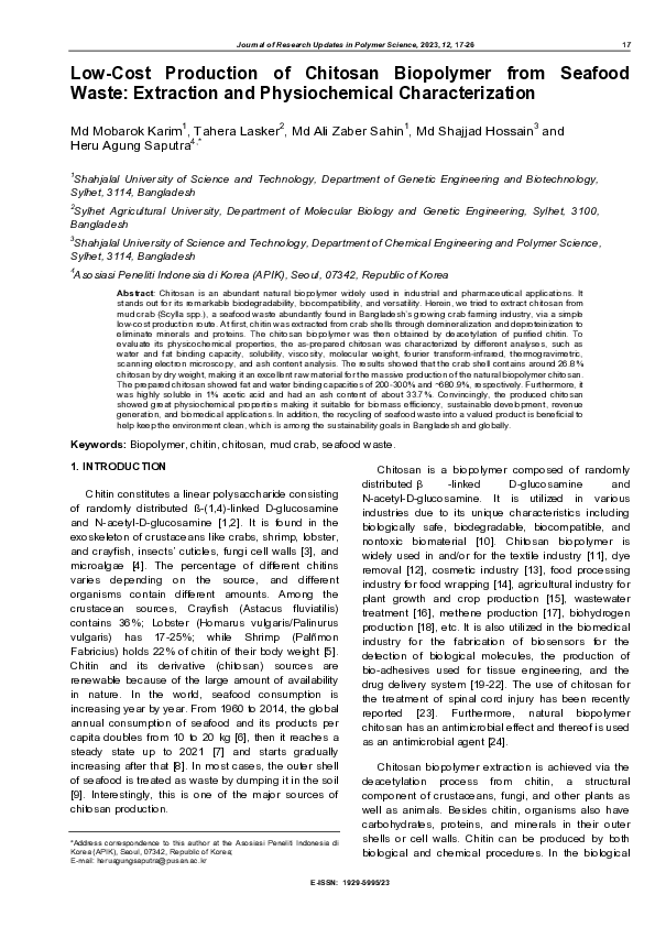 (PDF) Low-Cost Production of Chitosan Biopolymer from Seafood Waste: Extraction and ...